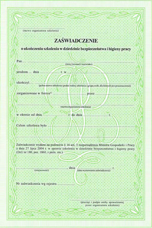 Zaświadczenie o ukończeniu szkolenia w dziedzinie BHP | Sklep Wysocki.com.pl
