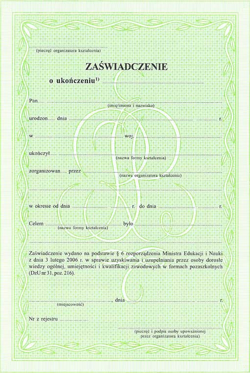 Zaświadczenie o ukończeniu ................ | Sklep Wysocki.com.pl