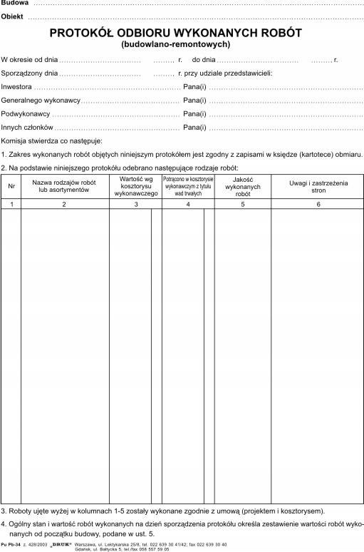 Druk protokół odbioru wykonanych robót A4 | Sklep Wysocki.com.pl