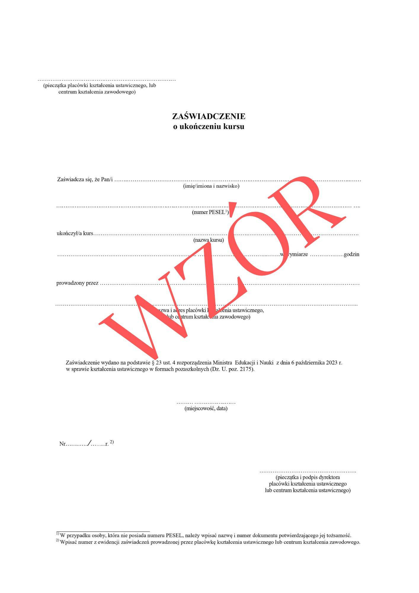 Zaświadczenie o ukończeniu kursu | Sklep Wysocki.com.pl