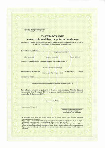 Zaświadczenie o ukończeniu kwalifikacyjnego kursu zawodowego | Sklep Wysocki.com.pl