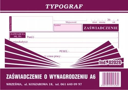 Zaświadczenie o wynagrodzeniu Typograf 02028 A6 | Sklep Wysocki.com.pl