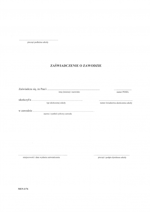 Zaświadczenie o zawodzie | Sklep Wysocki.com.pl